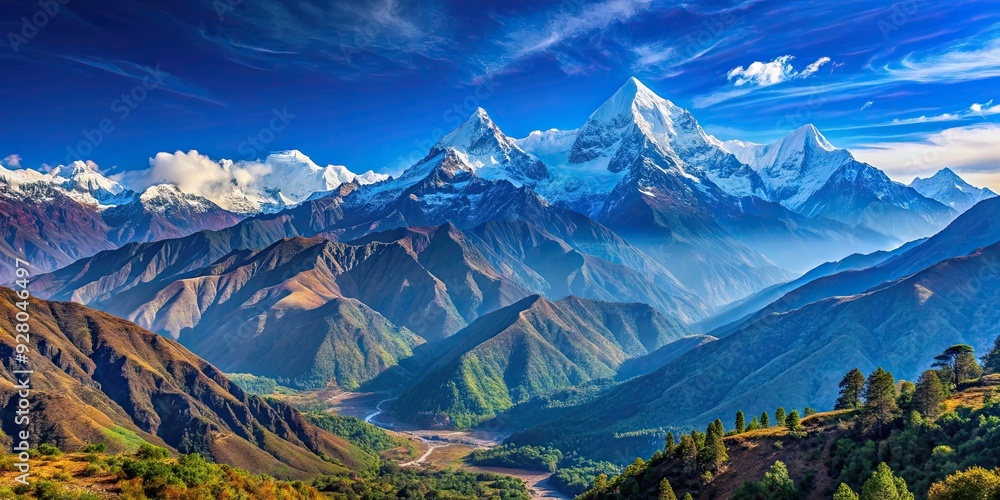 Panoramic view of the majestic Himalayas with vibrant blue sky , panorama, Himalayas, North ...