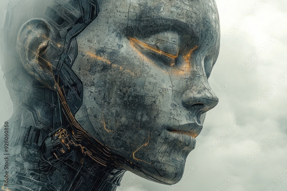 An image portraying an ancient stone statue with its features gradually ...