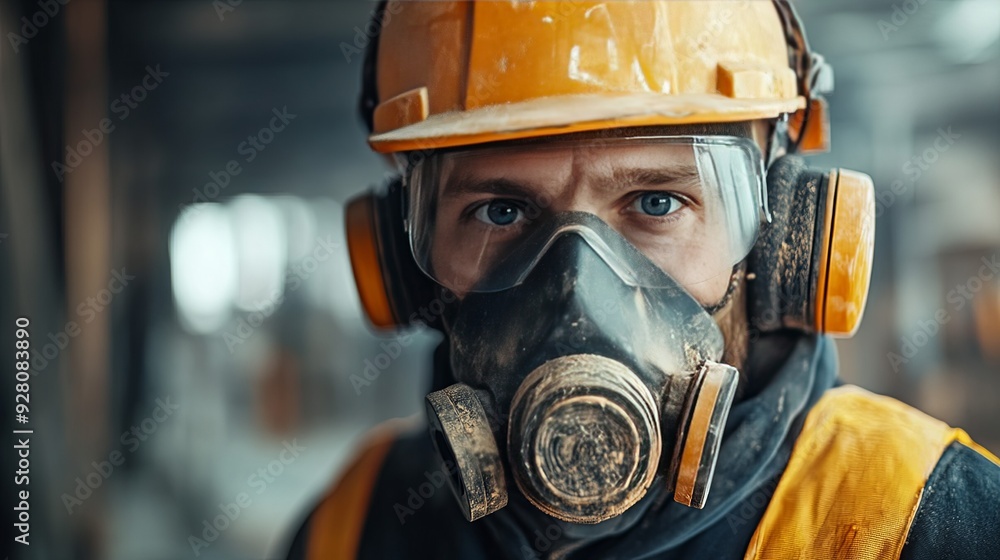 Safety first. Construction worker wearing a full face respirator mask ...