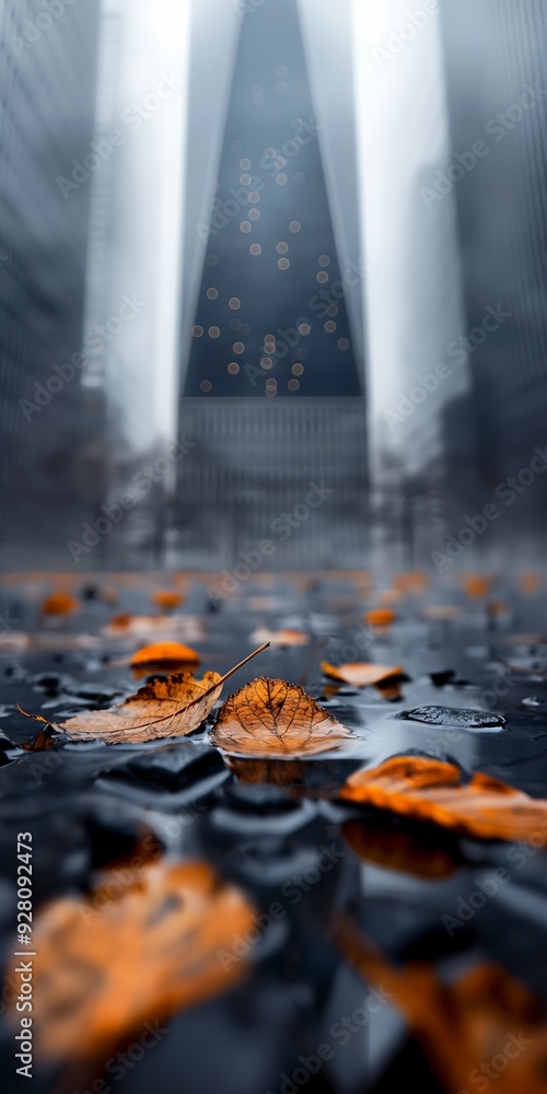 lot leaves ground skyscrapers background splash wall shattering drops ...