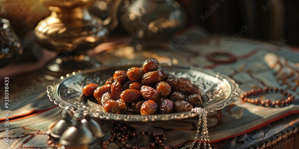 Islamic lantern fanous silver rosary and chocolate covered dates as a ...
