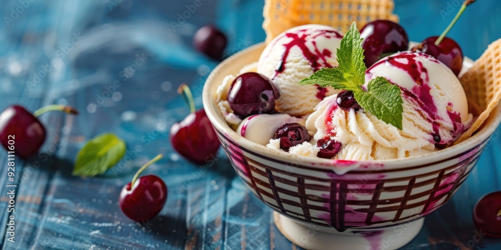 German Summer Dessert Vanilla Spaghetti Ice Cream with Black Cherries ...