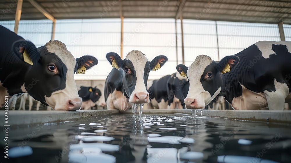 Cows drinking fresh water from a large trough in a well-ventilated barn ...