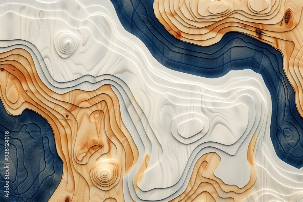 Abstract 3D topographic map featuring blue and beige layers with ...