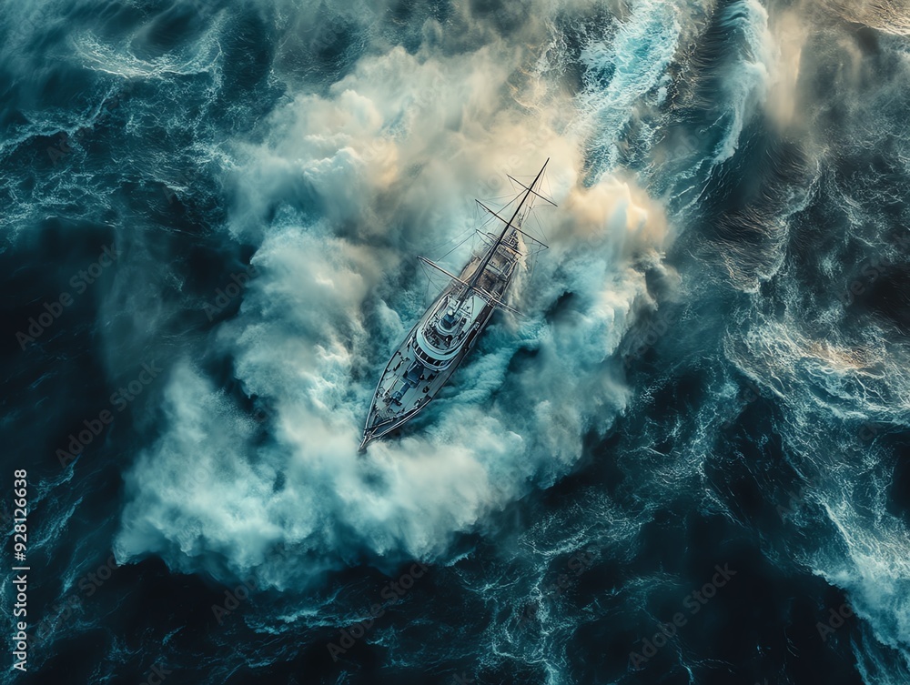 Design an aerial perspective of a stormy sea with a ship capsizing ...
