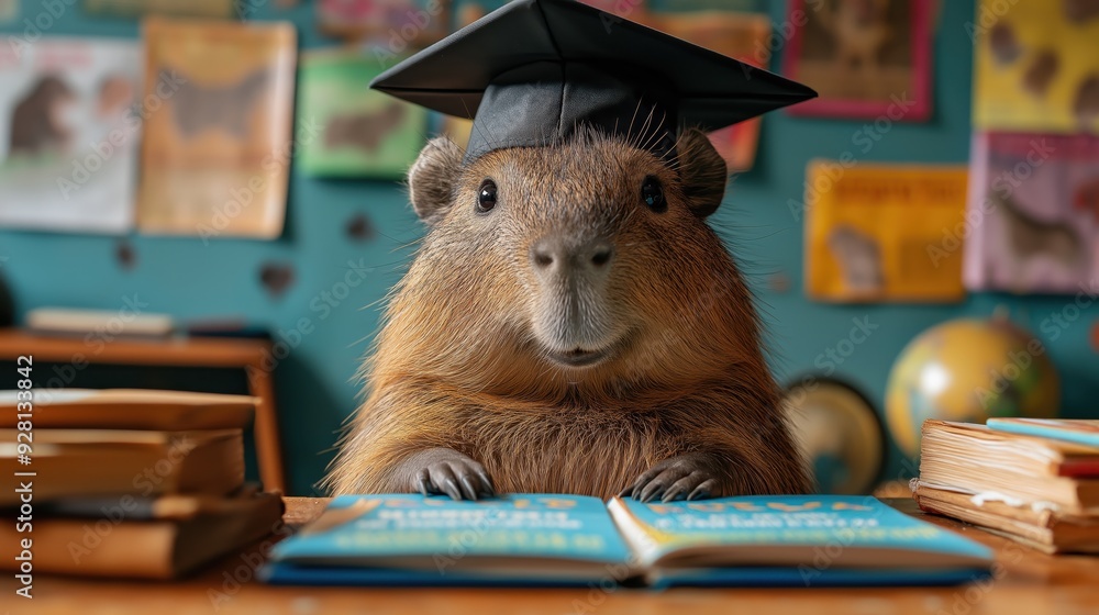 Capybara with graduation cap studying books in classroom Stock Photo ...