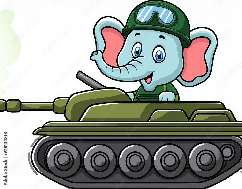 Cartoon elephant in a tank wearing a military helmet, smiling while ...