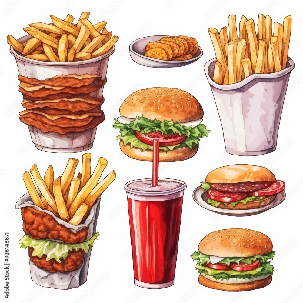 Cartoon illustration of fast food items, including burgers, fries, and ...