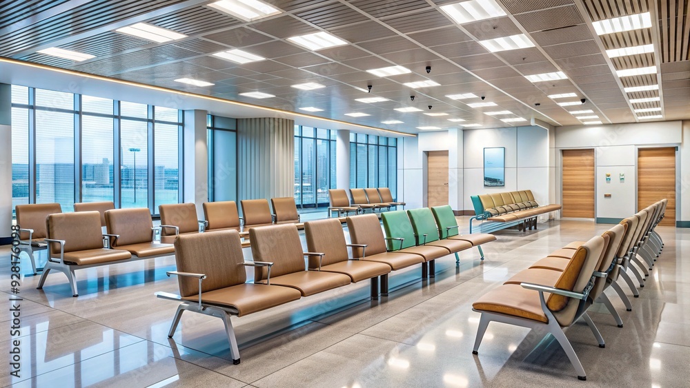 Clean and modern hospital waiting area with rows of empty chairs ...
