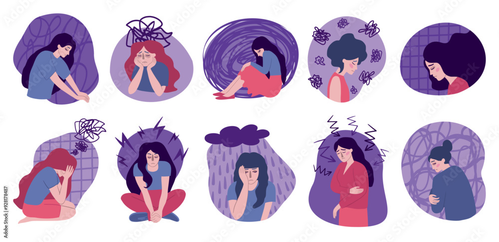Anxiety woman. Grief, sad and fear girl, worry and cry about violence ...