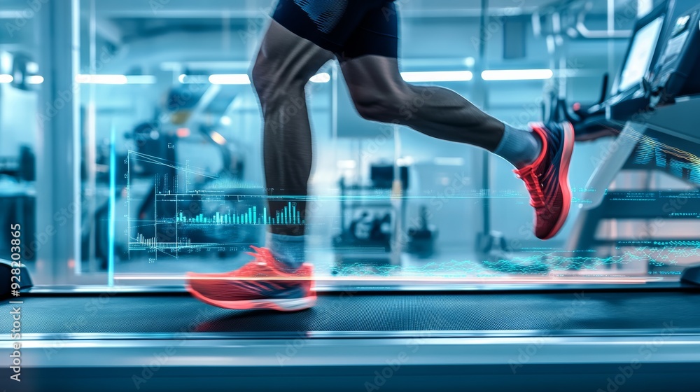 Runner on a treadmill with biomechanical analysis overlays showing ...
