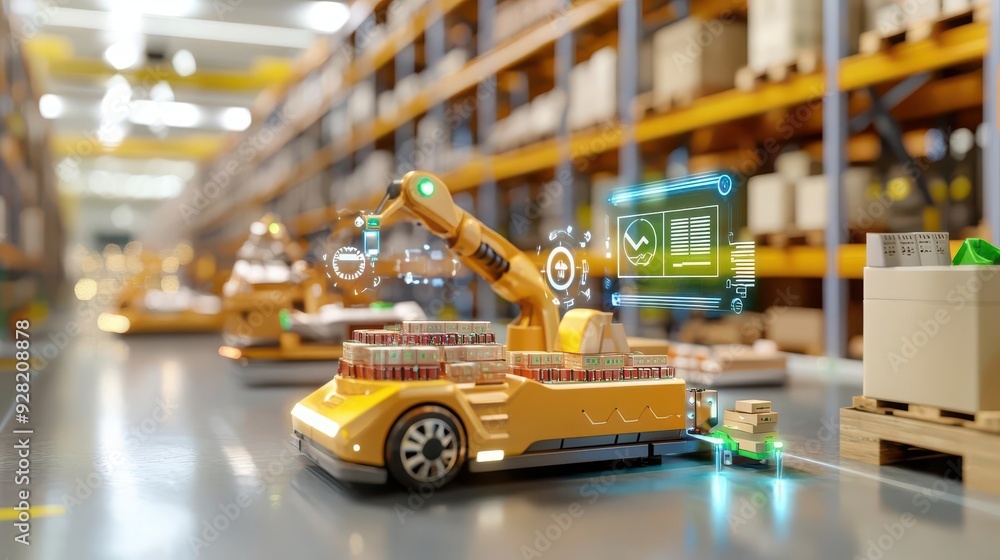 Warehouse management system interface with holograms of inventory and robotic pickers Stock ...