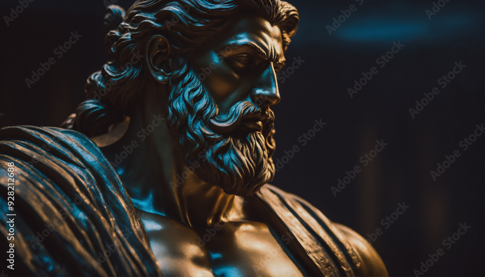 Sculpture en bronze d'un homme ou d'un dieu grec sur un fond noir ...