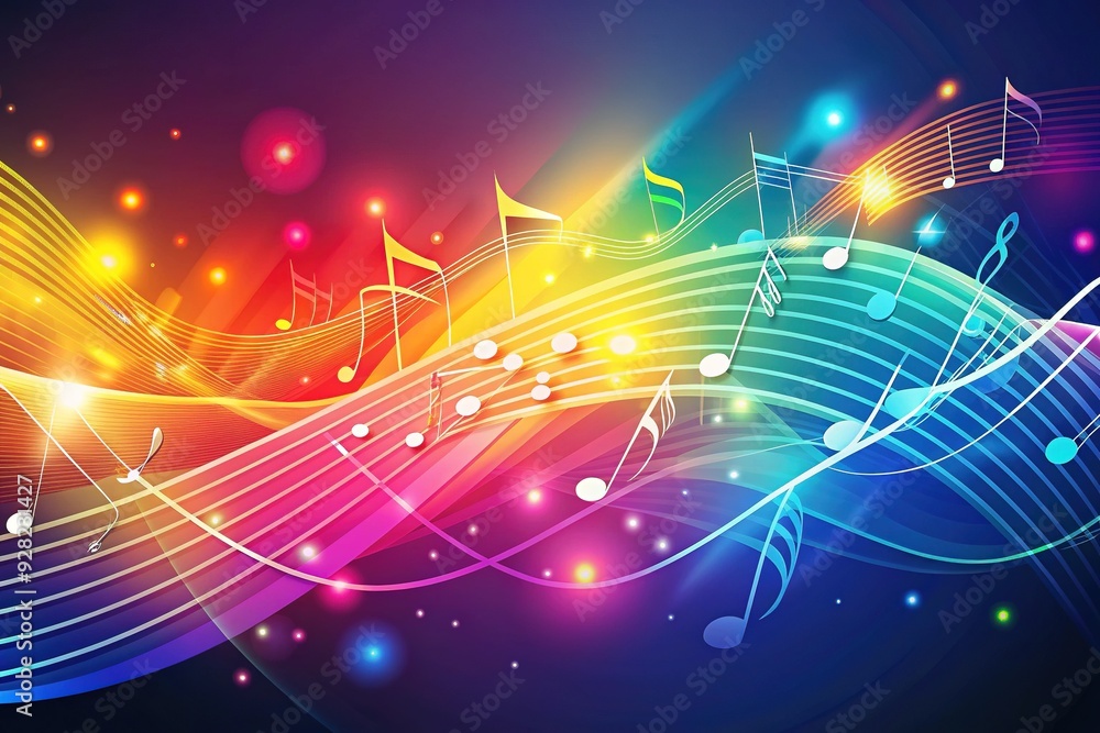 Vibrant sound waves and musical notes dance across a seamless, gradient ...