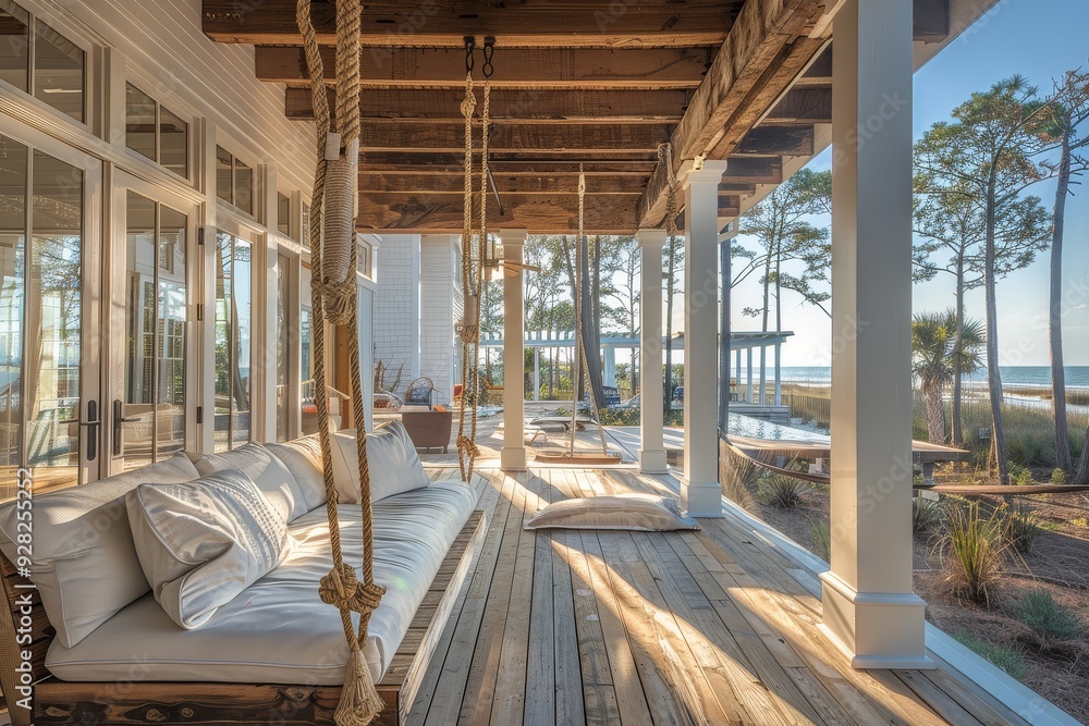 Elegant front porch with swing, overlooking large lawn and garden ...