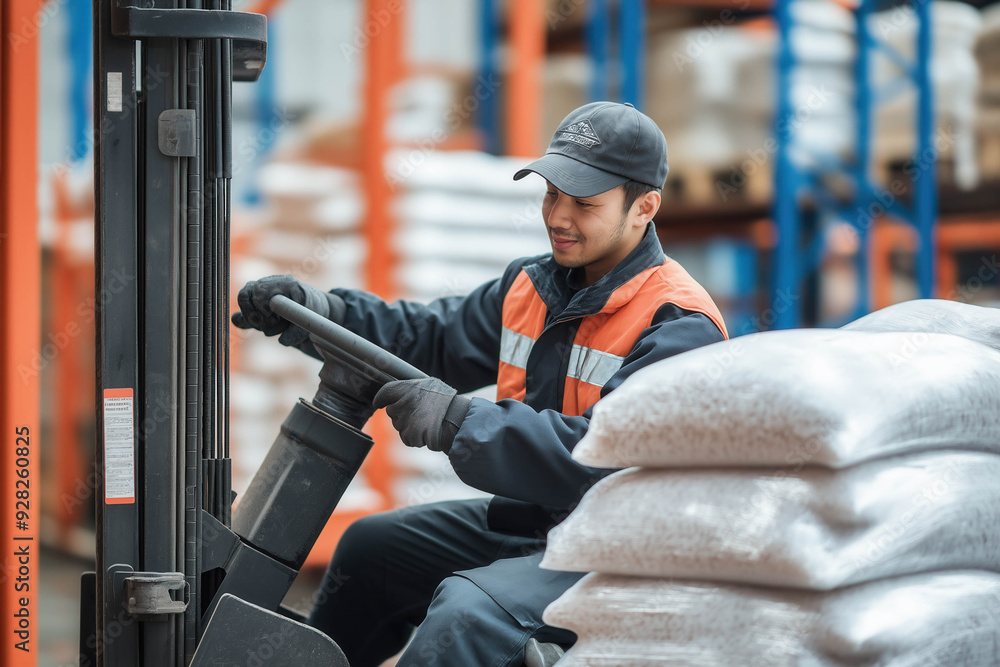 Forklift Loader Loading Pallet Of Rice Bag Cargo On A Forklift In A ...