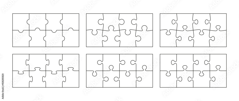 Set of 6 puzzle templates with 8 pieces. Simple mosaic layout with ...