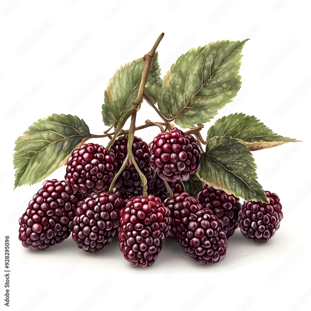 Lush deep red mulberry cluster against a pristine white background ...