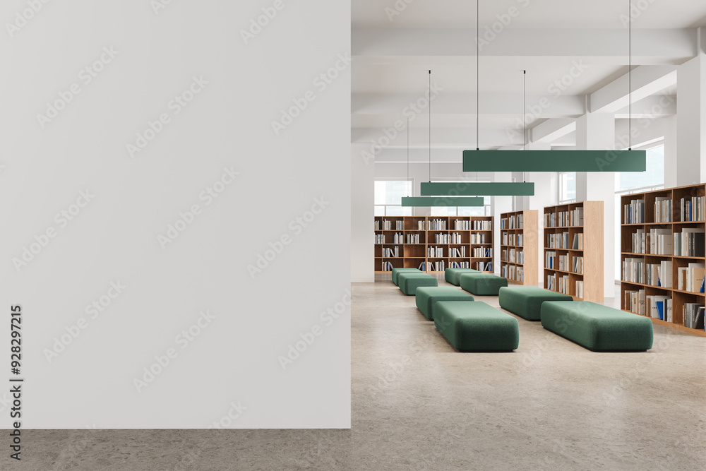 Modern public library interior with empty blank wall template. 3D ...