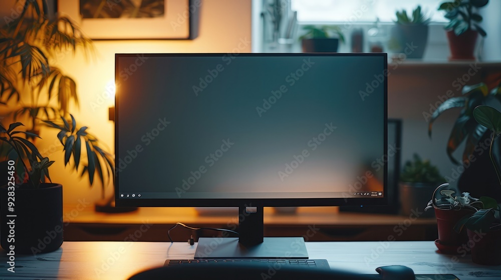 A black computer monitor, front view, a white wall with a little yellow ...