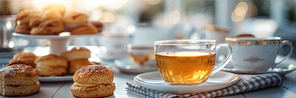 Afternoon tea, scones and a glass teacups of yellow tea on table with ...