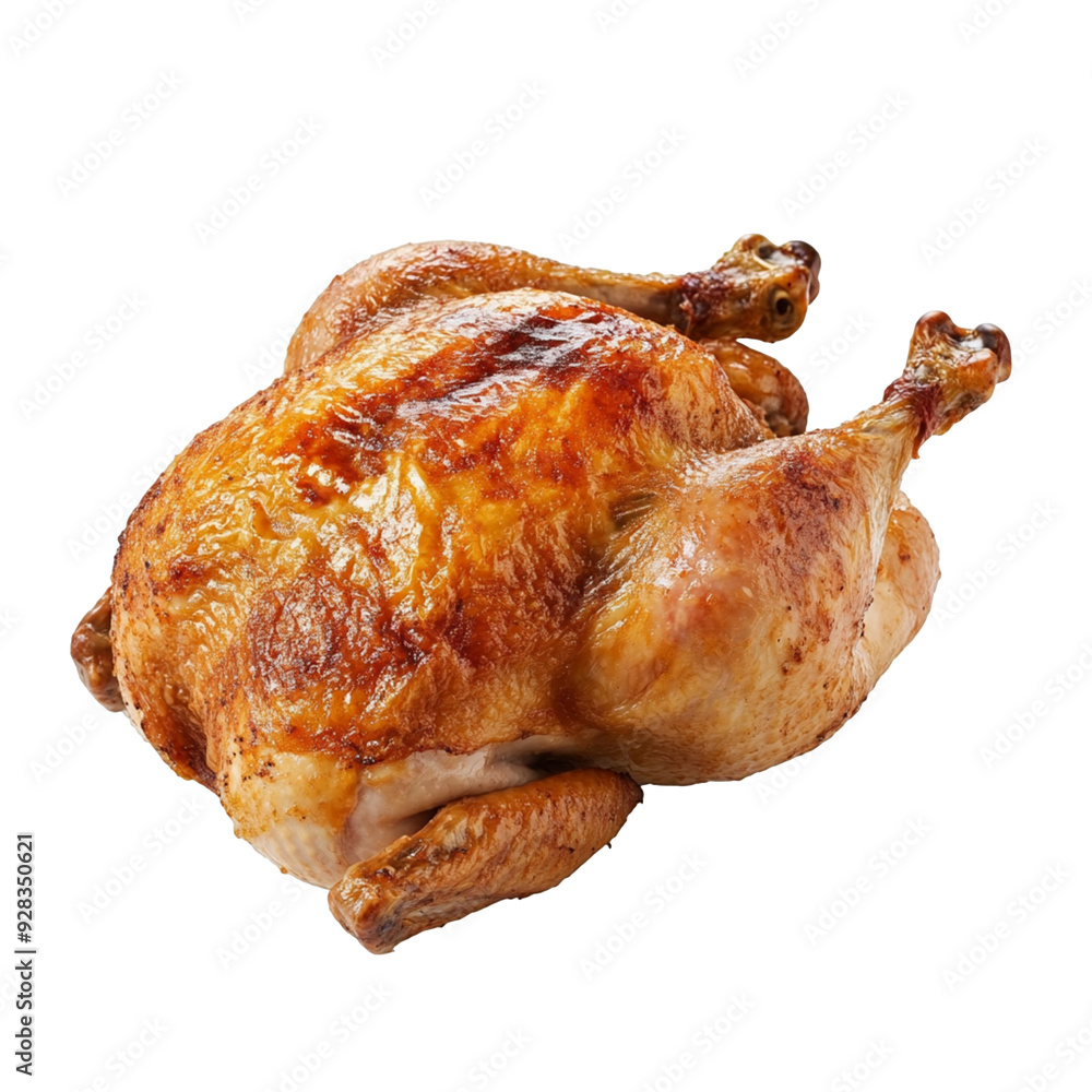 Whole roast chicken with crispy skin, isolated on a transparent ...
