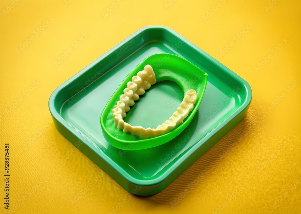 Isolated green dental tray holds alginate plastic mass for taking an ...