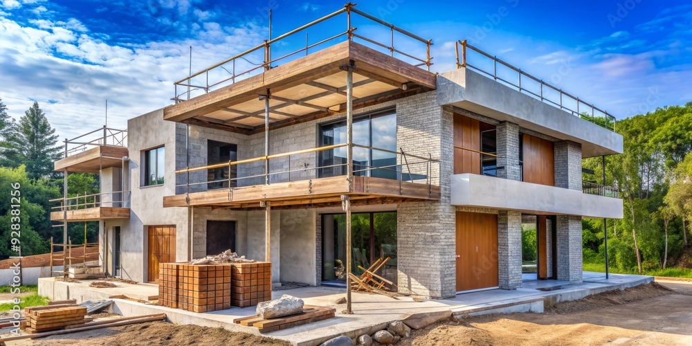 Partially built two-story modern villa with concrete blocks and bricks ...
