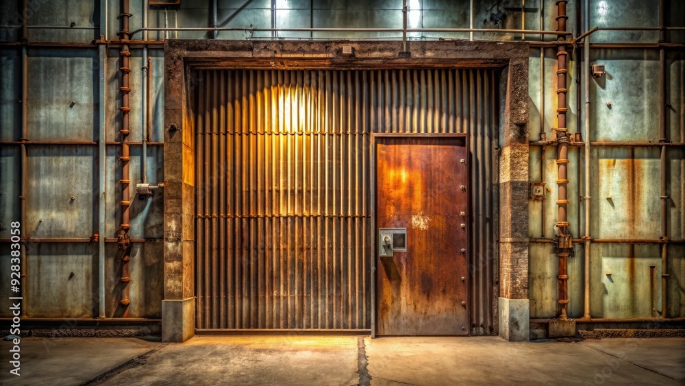 Rusted metal door with vertical strips and large hinges, slightly ajar ...