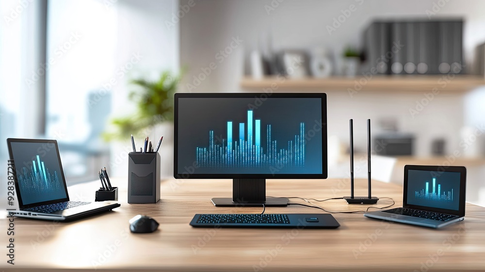 A home office setup with multiple devices connected to a wireless ...