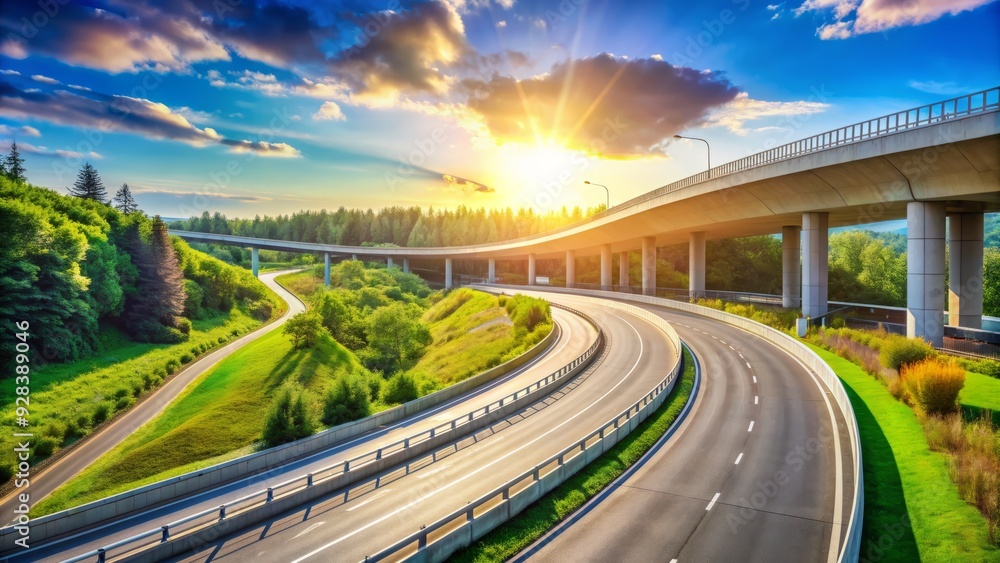 Sunlit asphalt highway on-ramp curves upwards, merging seamlessly with ...