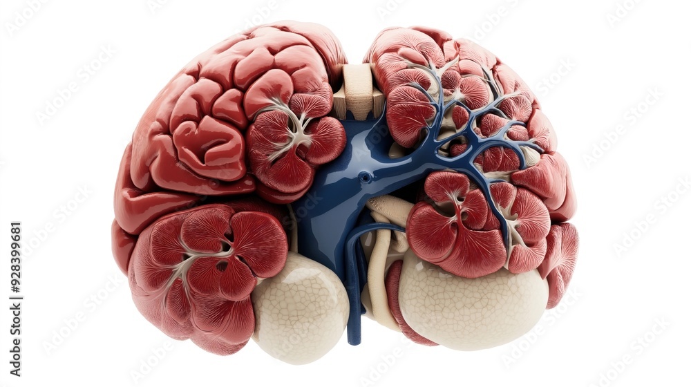 3D medical illustration of a brain in a cross-sectional view showing ...