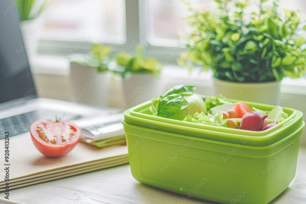 Healthy eating habits for diet and health promotion with a green lunch ...