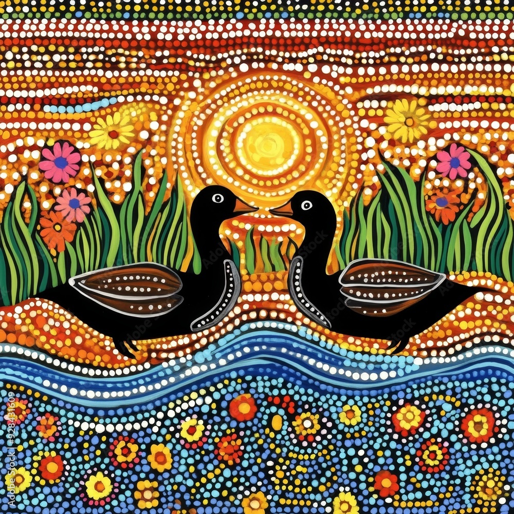 Vibrant Aboriginal Dot Art Landscape: Dreamlike River Scene with Duck ...