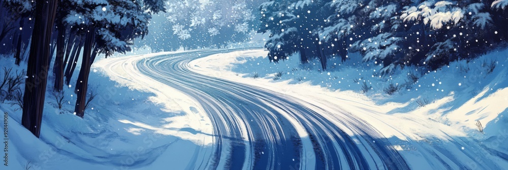 Winter's Enchanted Path: anime-style Illustration of a Winding Road in ...