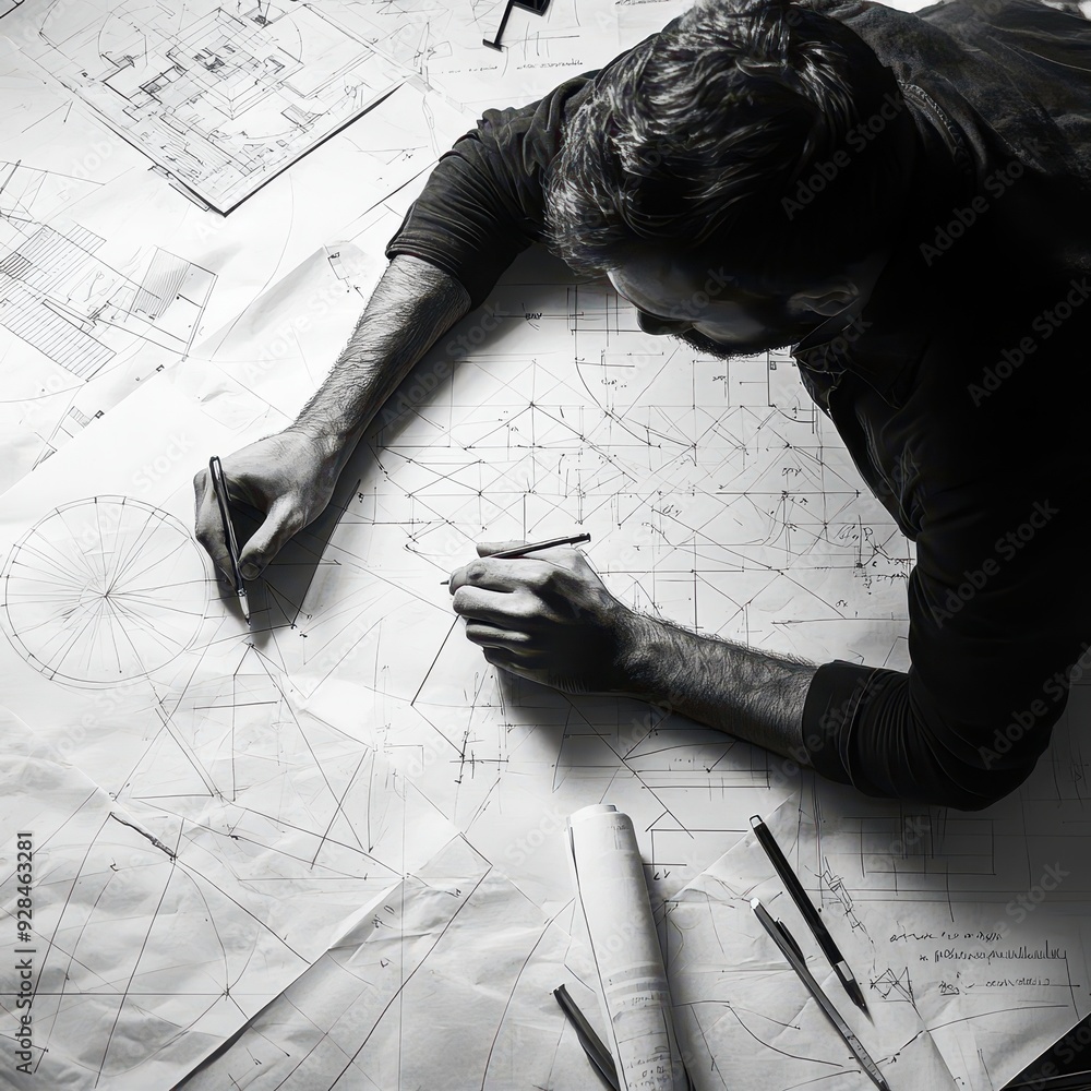 Architect designing a blueprint, surrounded by geometric shapes ...
