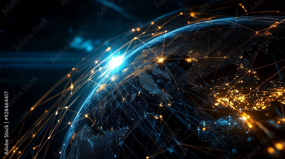 Earth with overlaid economic zones and trading routes, [global economy ...