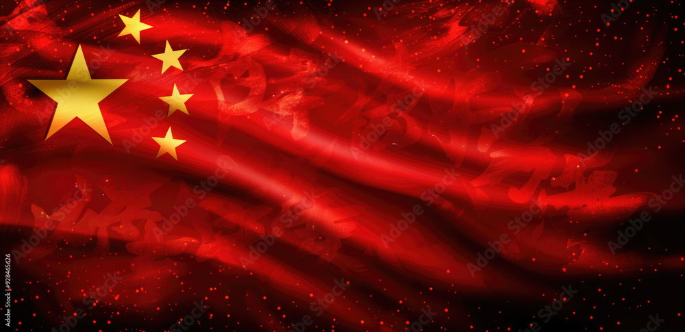Chinese flag with five yellow stars on a red background with artistic ...