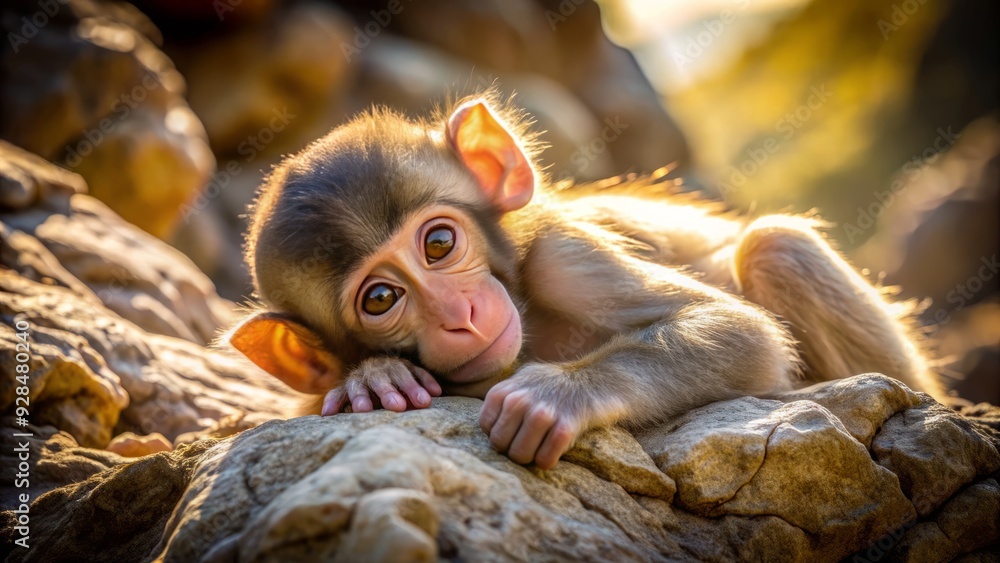 Adorable baby monkey relaxes on its back, paws curled up, surrounded by ...