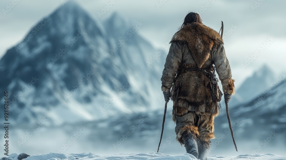 Inuit Hunter in Traditional Attire Carrying Spear and Wearing Furs ...