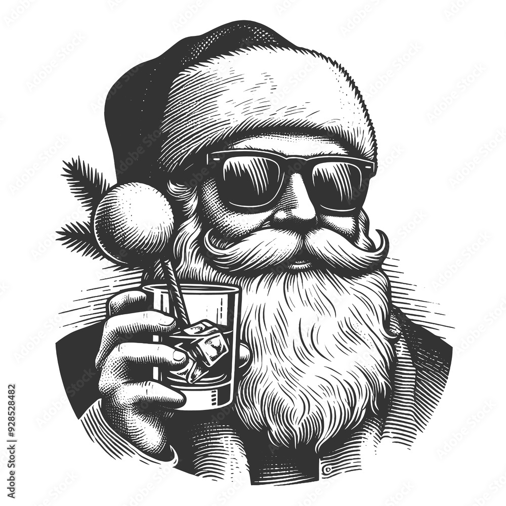 Santa Claus in sunglasses, enjoying a whisky cocktail with a lemon ...