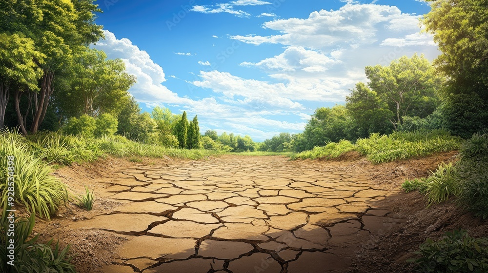 A landscape transforming from parched earth to vibrant greenery ...