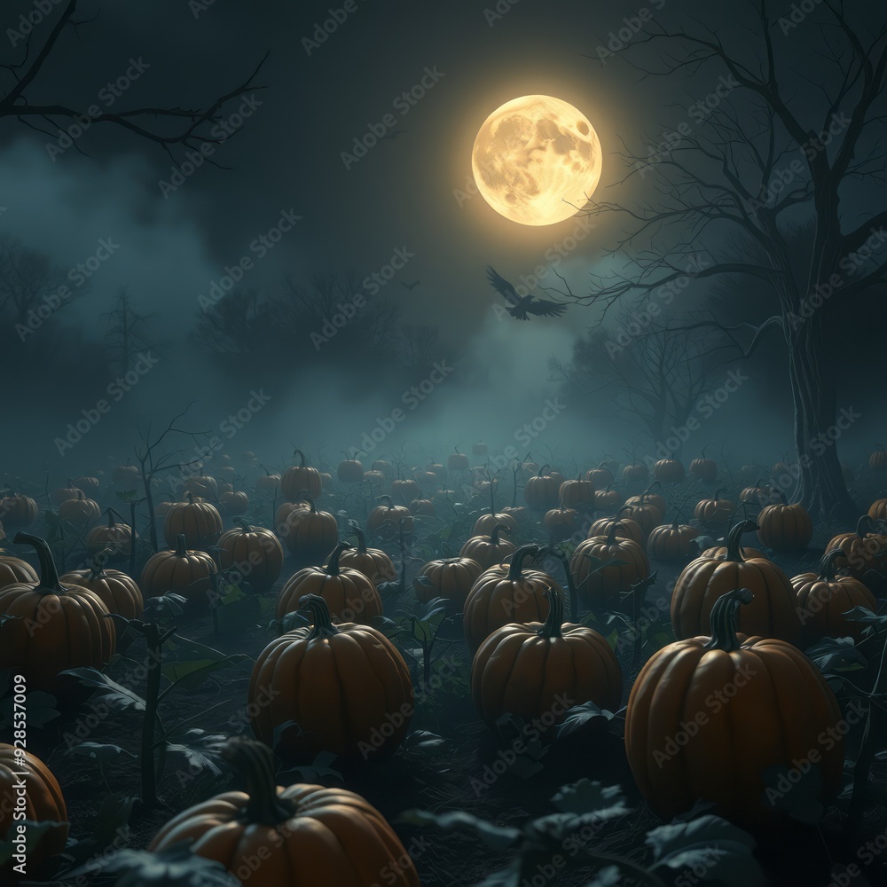 Discover the eerie charm of a nighttime pumpkin patch where soft ...