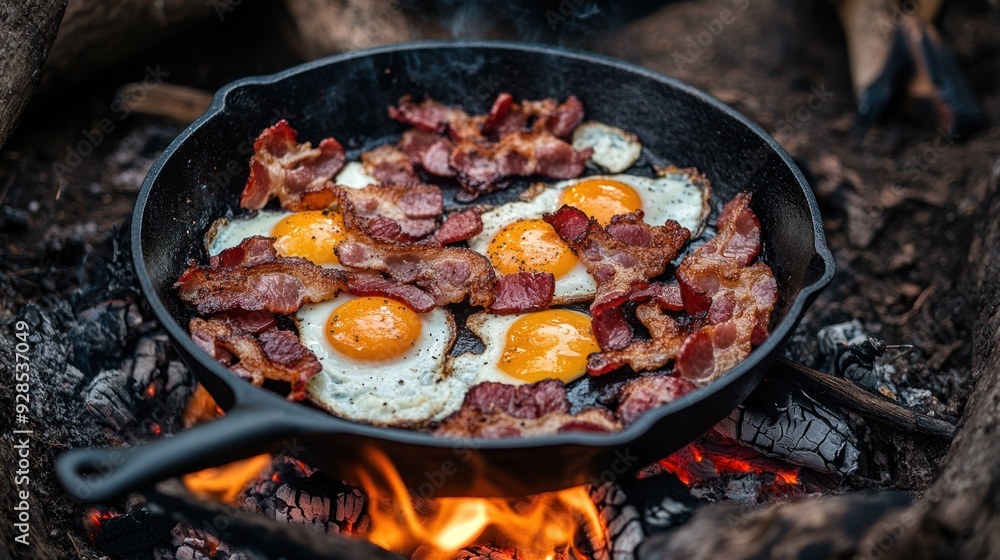 Frying pan with fried eggs and bacon is on the fire in nature. Top down ...