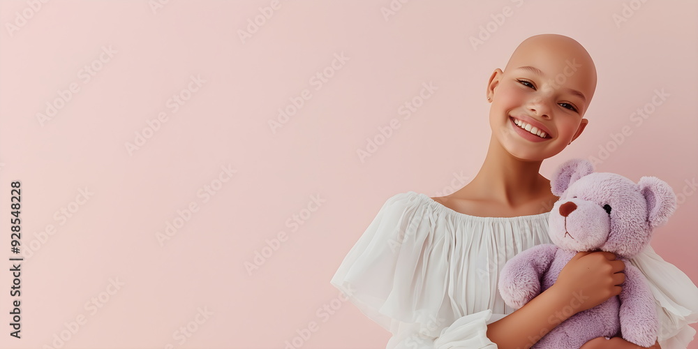 Smiling girl holding purple teddy bear. Fight against violence ...
