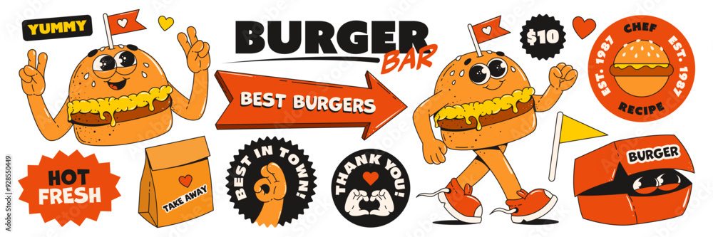 Set of burger stickers with a retro groovy style. Burger bar, cafe ...