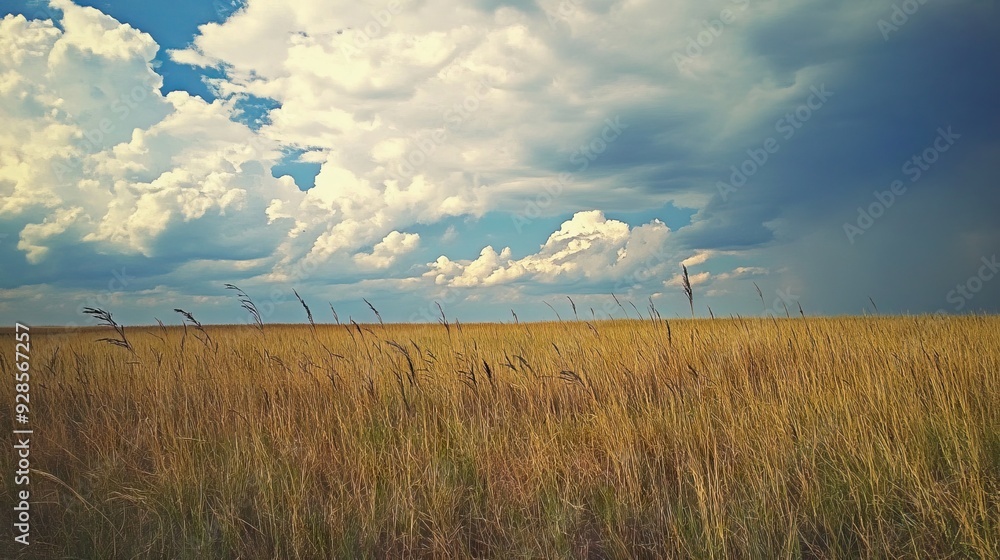 Wide-Open Prairie with Tall Grasses Waving in the Wind, Under a Vast ...
