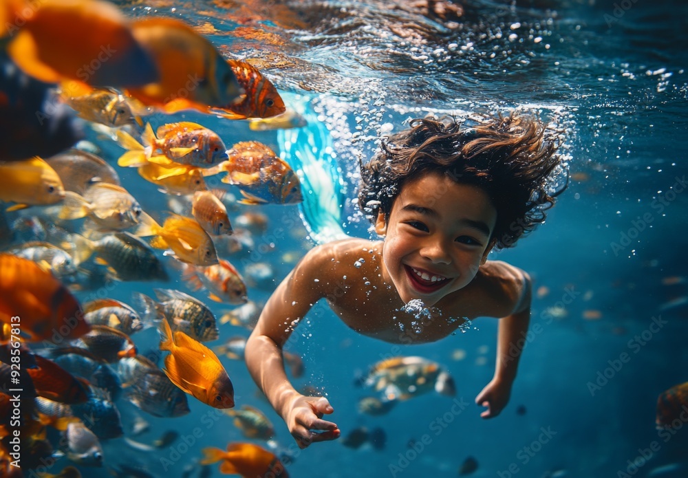 A merman child swimming alongside a school of colorful fish, his tiny ...