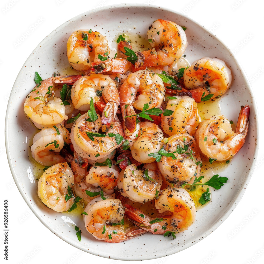 Close-up of a plate with cooked shrimp seasoned with herbs. Stock Photo ...