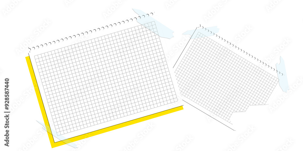 Torn grid paper sheets taped with blue adhesive on a white background ...